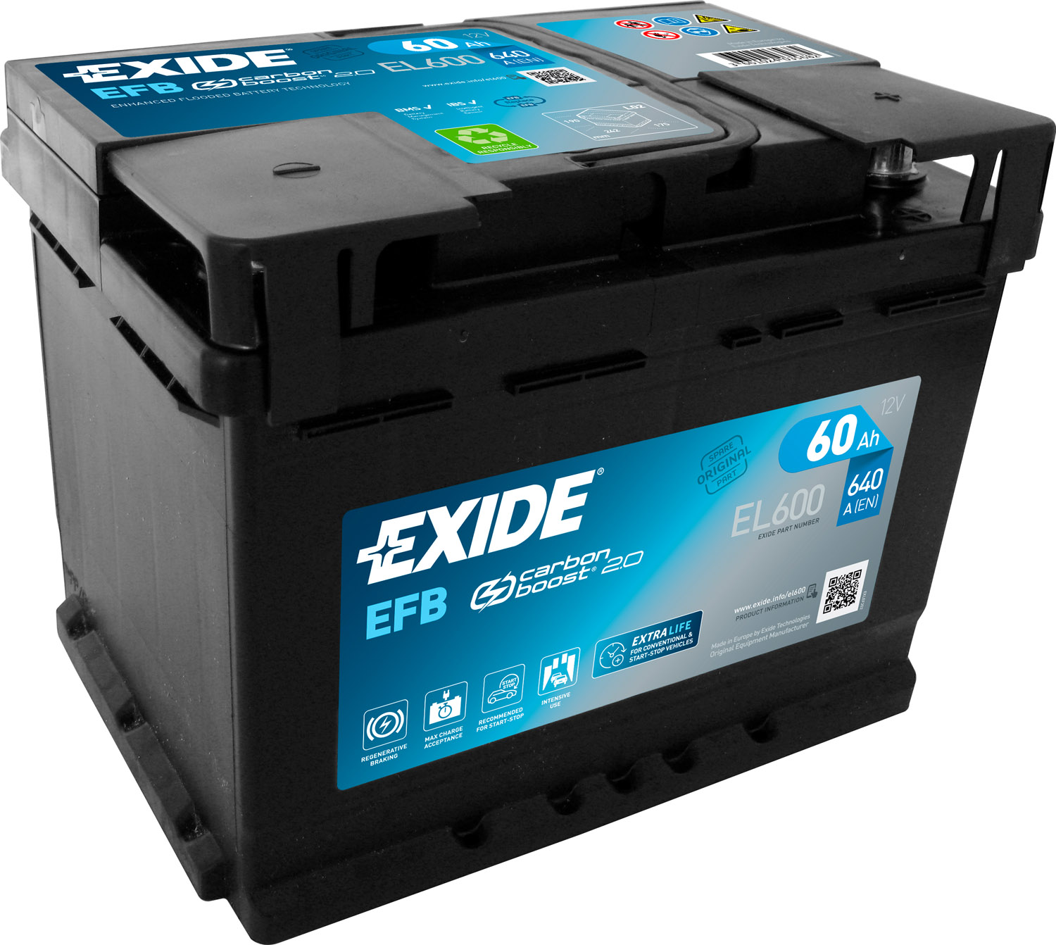 Exide akku 12v 60Ah EL600 Start-Stop EFB 242x175x190 - + - Suomenakut.fi verkkokauppa